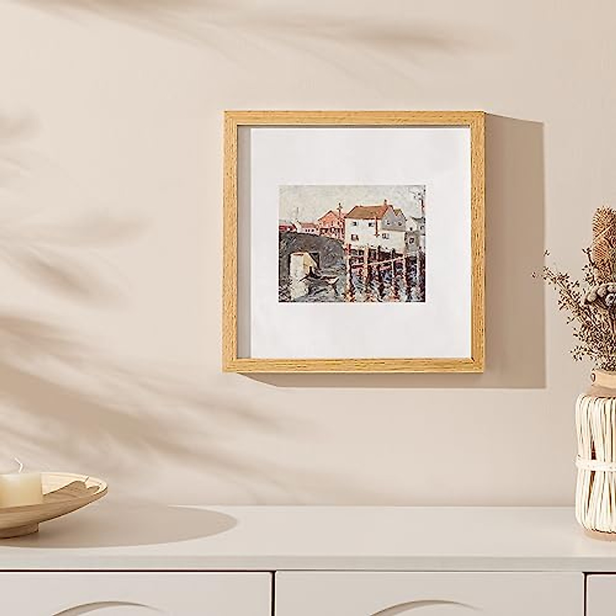 eletecpro 12x12 Picture Frame Made of Oak Wood and Reinforced Glass, Displays Photos 10x10 with Mat or 12x12 without Mat, Square Wood Frame for Modern Home Decor, Wall Mounting, Natural