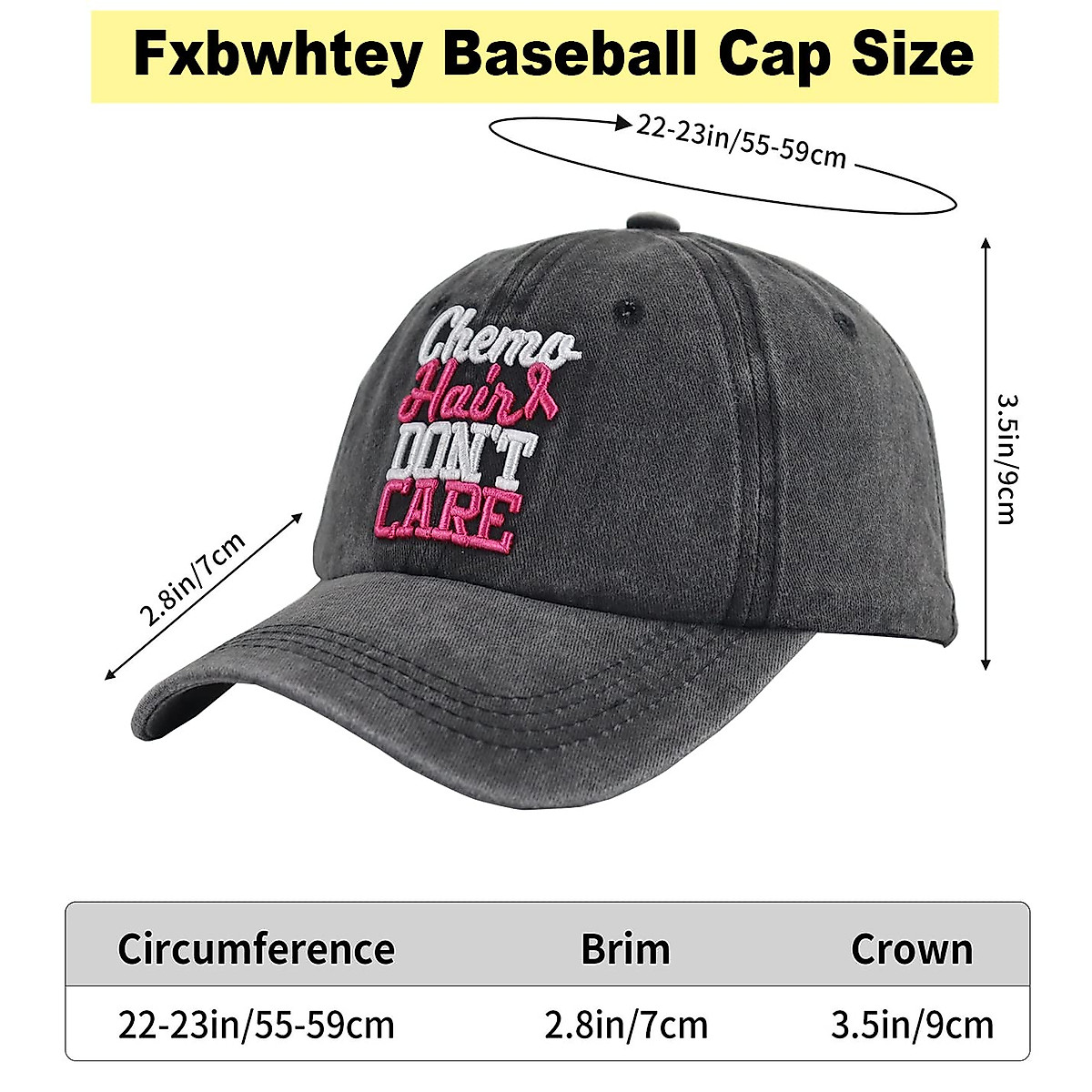 Chemo Headwear for Women, Breast Cancer Awareness Accessories Pink Ribbon Hat, Adjustable Washed Chemo Hair Don't Care Baseball Caps, Breast Cancer Survivor Gifts for Woman, Mom, Wife (Black)