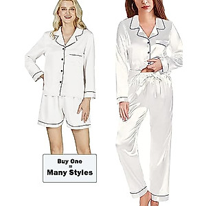 WJing Yi Jia 5Pcs Womens Silk Satin Pajamas Sets Long Pj Sets Button Down Pjs Set Sleepwear White