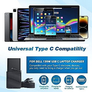 130W USB C Charger for Dell 130W Laptop Charger USB C - Dell XPS 15 Charger, Dell USB-C 130 W AC Adapter, XPS 17 9575 9700 Precision 5560 5550 5750 Latitude 7310 7210 9410 9510 with 1meter Power Cord