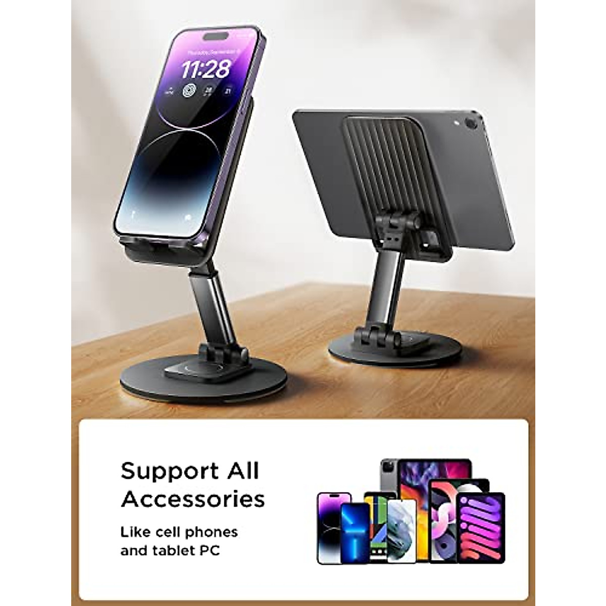 LISEN Rotatable Cell Phone Stand Height Adjustable iPhone Holder for Desk Portable Cellphone Stand Compatible with All Mobile Phone iPhone 15 14 Pro Max Desk Accessories (20X Stable Space Black)