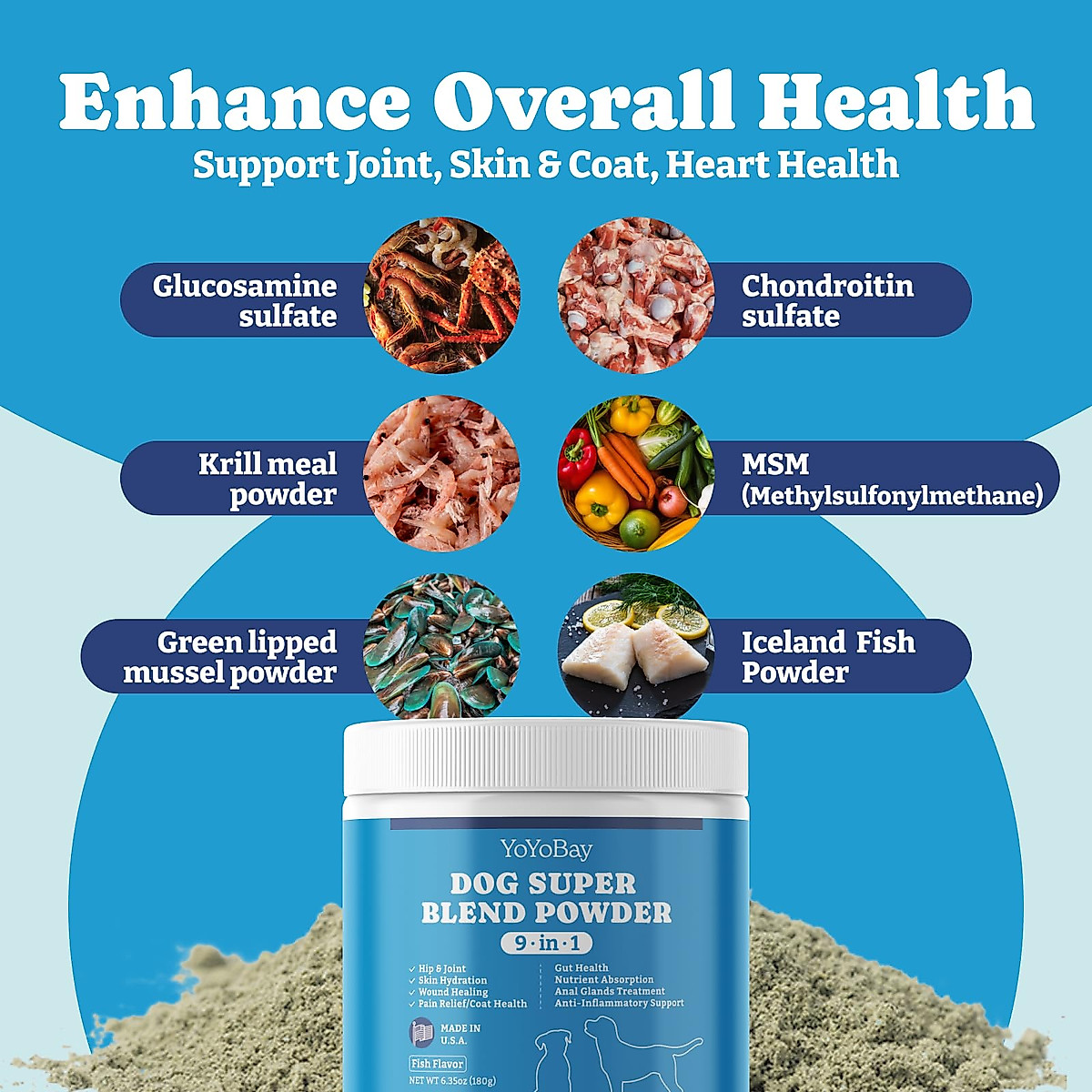 Supplements for Dogs, Dog Supplements Super Blend Powder 9 in 1, Vitamins for Dog, with Iceland Fish Powder, Support Gut Health, Hip and Joint, Multivitamin Support, 6.35oz, Fish Flavor