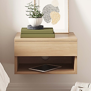 Nathan James Jackson Wall Mounted Floating Bedroom Nightstand with Storage Drawer and Modern Open Shelf Cubby, Light Oak Wood