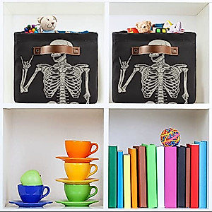 Human Skeleton Skull Storage Basket Bins, Funny Gothic Halloween Decorative Baskets Storage Box Collapsible Storage Cubes Organizer with Handles for Nursery Shelf Closet Office Home Bedroom, 2 Pack