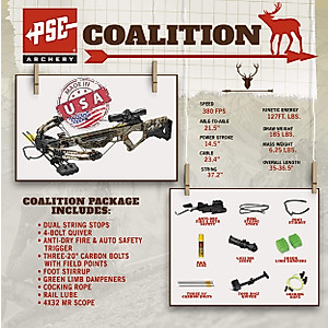 PSE ARCHERY Coalition Crossbow Package- Adjustable Stock- Dual String Stop- Up to 380 fps- 5 Bolt Quiver- Let Off 70% & More