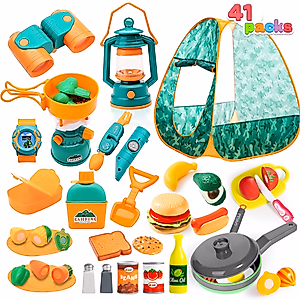 JOYIN 41Pcs Kids Camping Tent Set with Kids Camping Gear, Camping Set Includes Kids Tent, Oil Lantern, Food Toys, Binoculars, Flashlights, Compass and More, Pretend Play Camp Gear Tools for Christmas