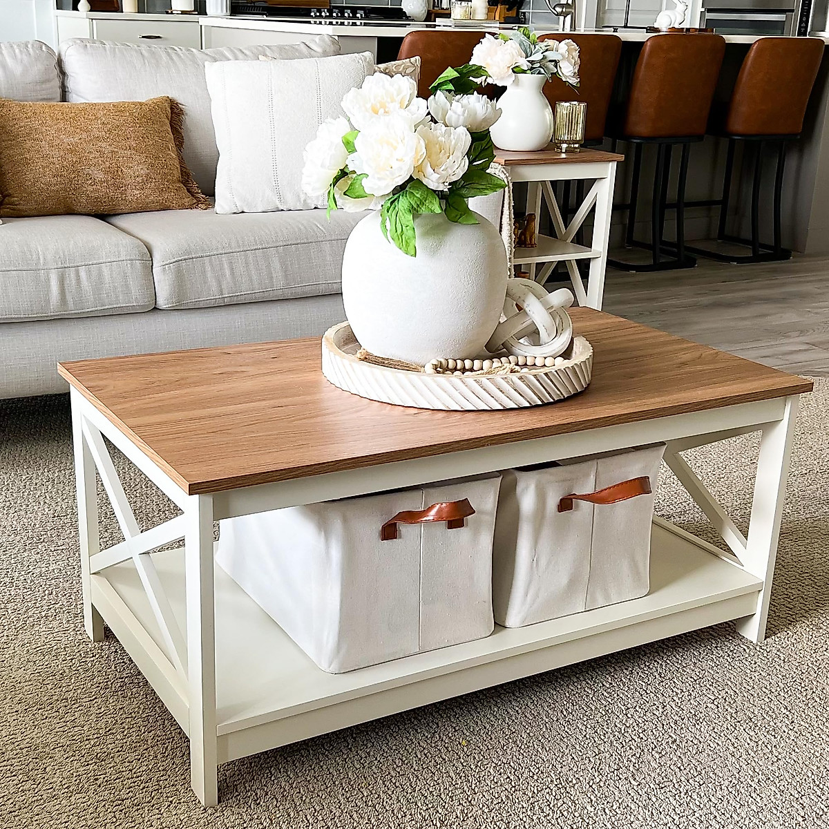 PHI VILLA Coffee Table - Modern Coffee Tables with Storage for Living Room Shelf 2 Tiers, Farmhouse Coffee Table Set