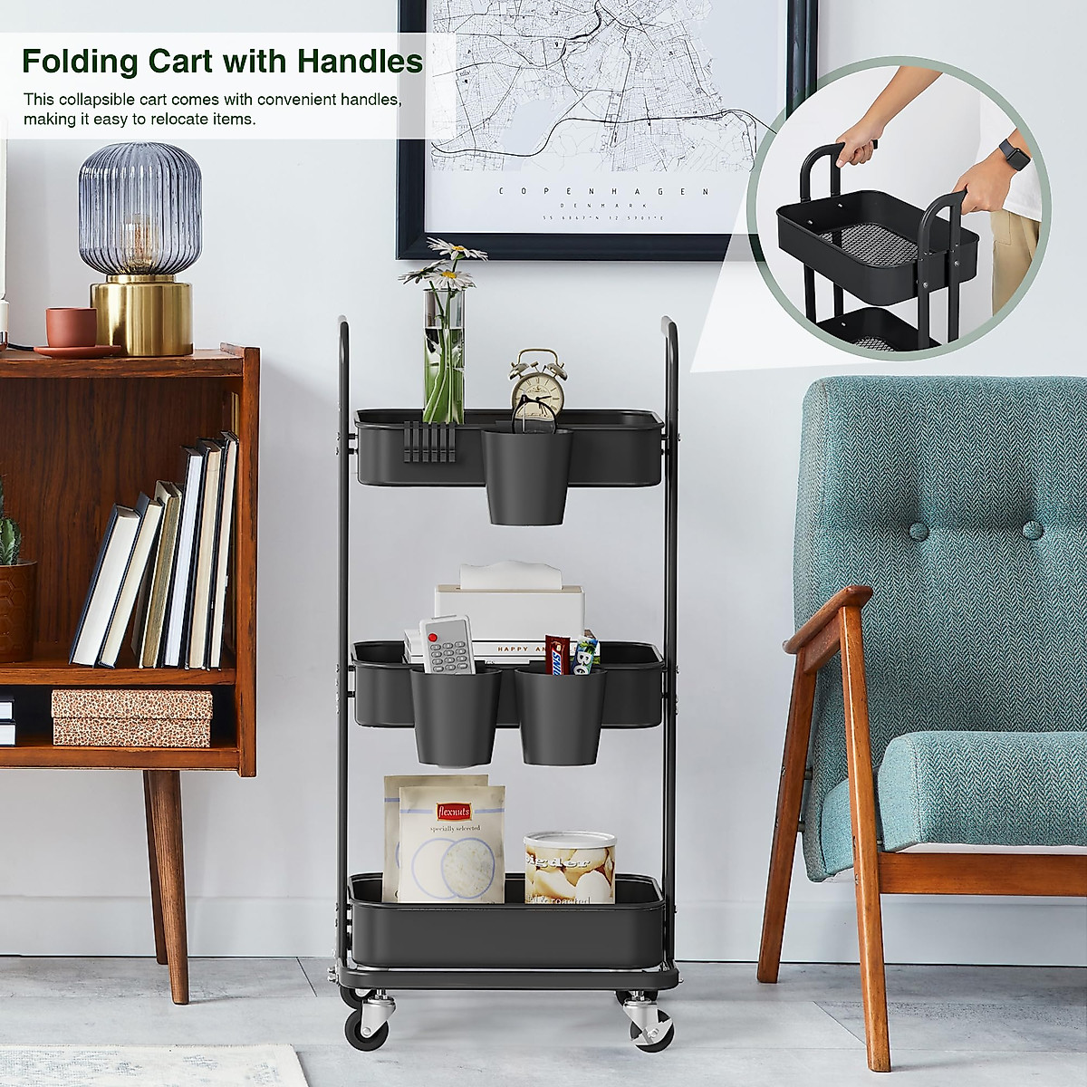 DTK 3 Tier Foldable Rolling Cart, Metal Utility Cart with Lockable Wheels, Folding Storage Trolley, 3 Small Baskets and 6 Hooks for Living Room, Kitchen, Bathroom, Bedroom and Office, Black