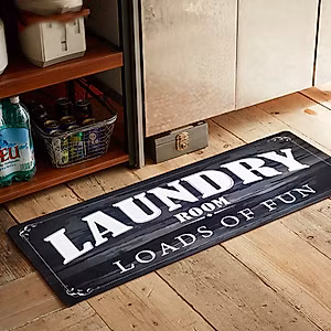 USTIDE 20X60 Black Laundry Room Rug, Non-Skid Anti Fatigue Laundry Room Mats Loads of Fun Home Decor Black White Kitchen Carpet
