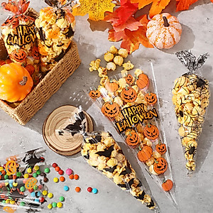 Pasimy 200 Pcs Halloween Cone Bags Trick or Treat Cellophane Clear Sweet Bags Triangle Cones Popcorn Bags Pumpkin Spider Witch Bat Candy Bags for Kids Halloween Birthday Party Supplies