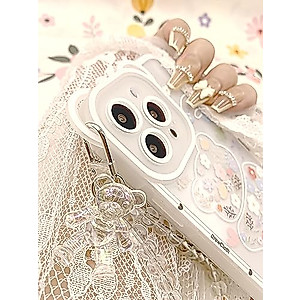 DrewCloth Kawaii Phone Case for iPhone 6/6s Plus with Cute Teddy Bear Wrist Strap & Aesthetic Cute Flower Bear Print Charm Floral Pretty Lovely Adorable Phone Cases for Girly Girls Women