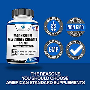 Magnesium Glycinate 575mg per Serving, Magnesium Glycinate Chelate, Magnesium Glycinate Capsules, Magnesium Supplement for Bone & Muscle Health, Chelated for Maximum Absorption, 90 Veggie Capsules