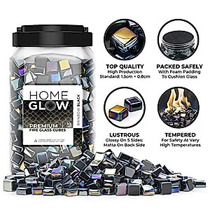 HOMEGLOW Fire Glass Cubes. Black Reflective Luster. Premium Tempered Square Glass Beads for Outdoor Fire Pit, Fire Table or Indoor Fireplace, Gas or Propane. 10 Pounds.