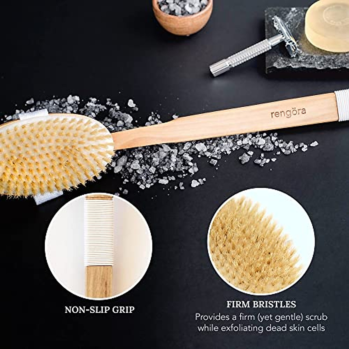 Long Handle Bath Brush for Shower - 20 inch - Back Brush, Shower Brush, Detachable Natural Stiff Bristle Back Scrubber. Great Gift for Men & Women or Elderly (Regular Bristles)
