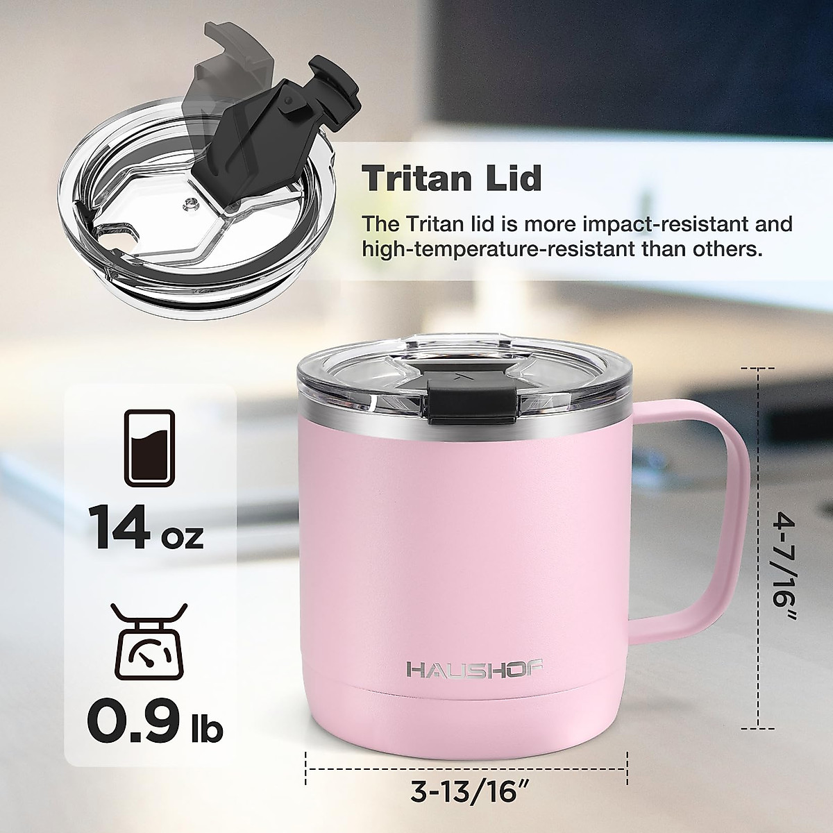 HAUSHOF 14 oz Coffee Mug, Insulated Coffee Mug with Handle, Travel Camping Cup, Portable Stainless Steel Coffee Cup, Insulated Coffee Cups with Lid, Pink