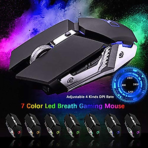 Wireless Gaming Keyboard and Mouse Combo with 104 Key Rainbow LED Backlight Rechargeable 4600mAh Battery Mechanical Keyboard Anti-ghosting Ergonomic RGB Mute Mice for Computer PC Gamer (Blue Switch)