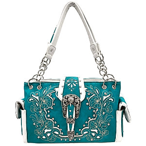 Justin West Tooled Western Leather Turquoise Concho Rhinestone Buckle Studded Shoulder Concealed Carry Handbag Purse (Teal)