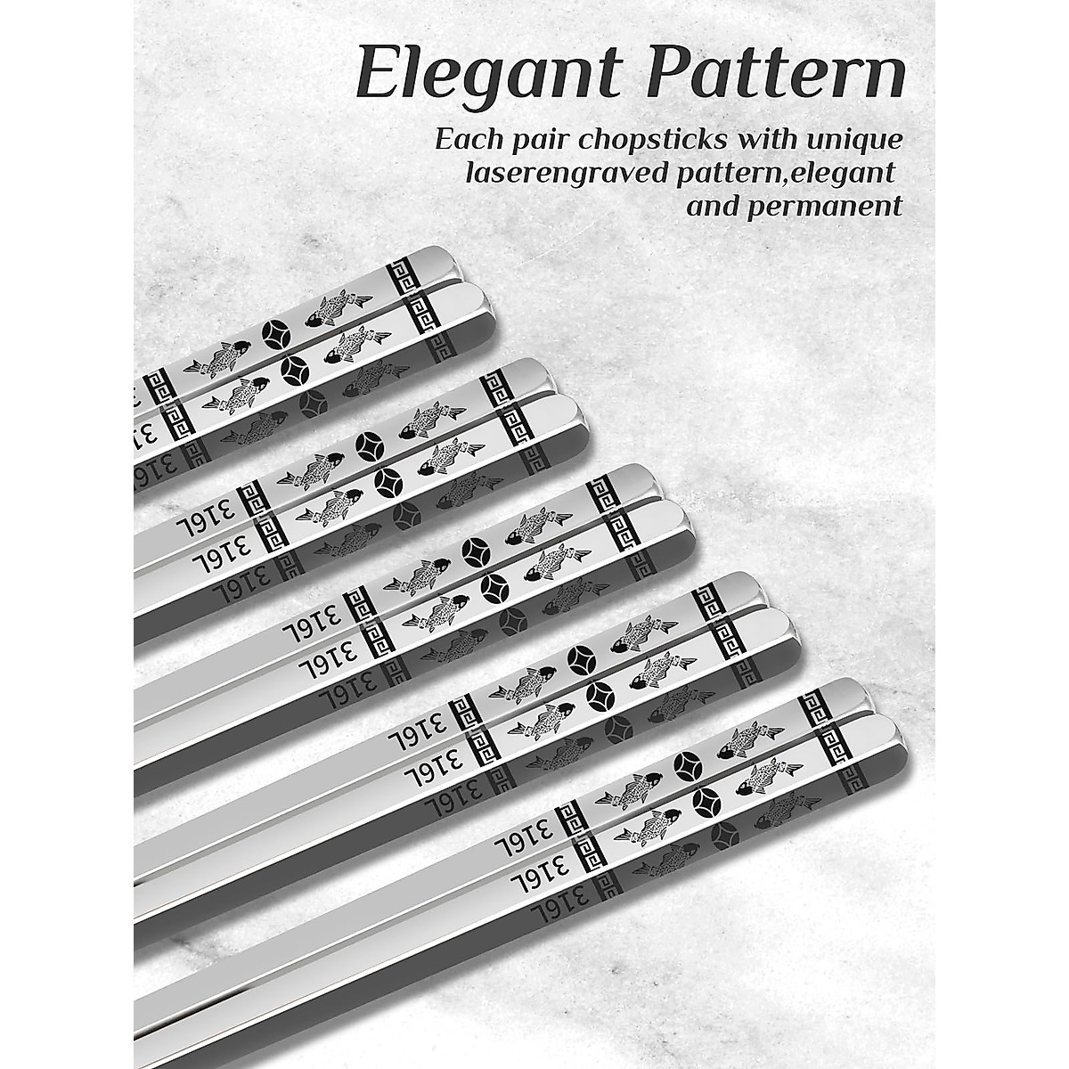 5 Pairs Metal Chopsticks, Reusable 316L Stainless Steel Chopsticks with Laser Engraved Non-Slip, Lightweight Square Design, Japanese Chinese Korean Design, Dishwasher Safe, Gift Set, Fish Pattern