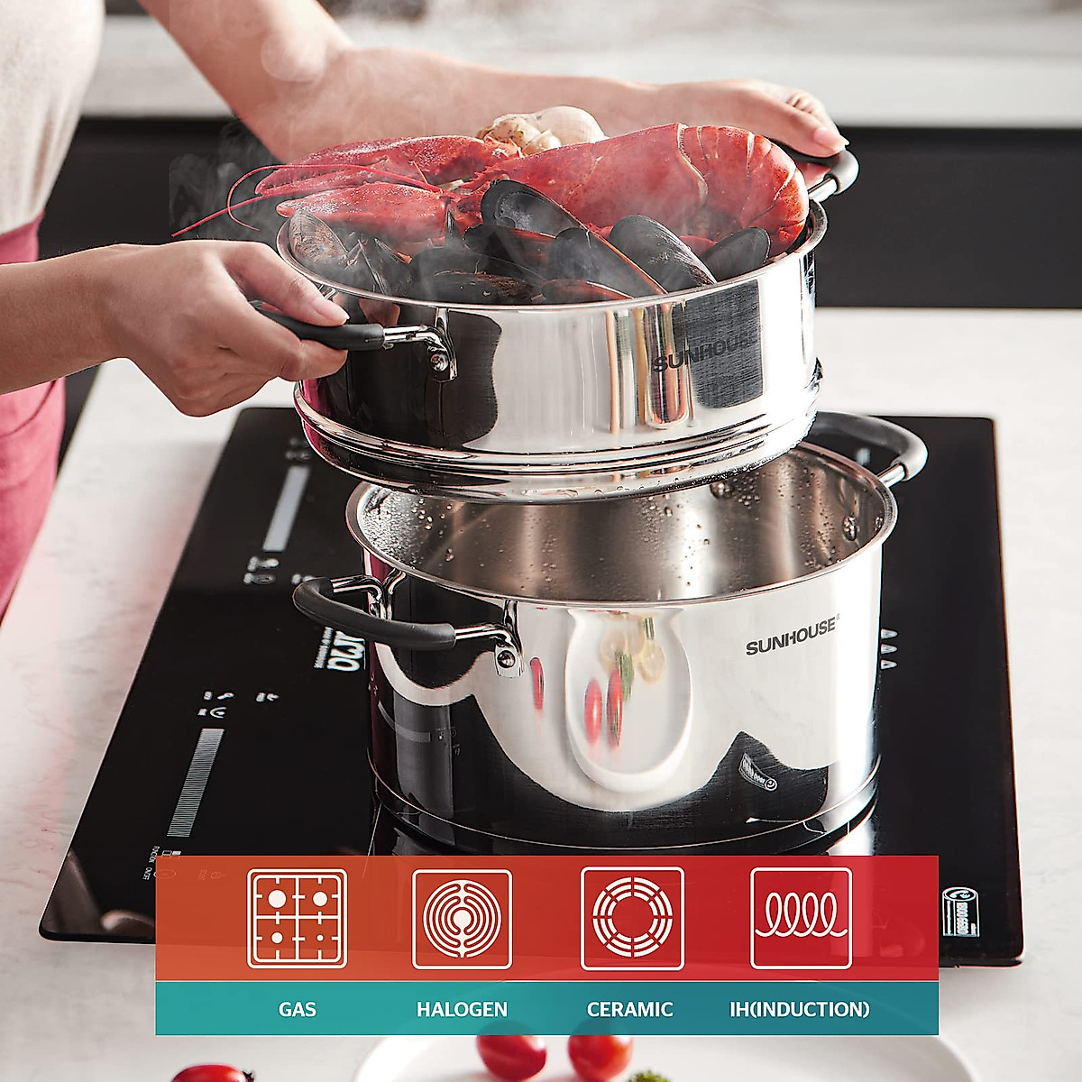 Sunhouse - 5.5 Quarts Multipurpose Stock Pot and Steamer Pot with PFOA-free,18/10 Stainless Steel Steam Pot for Cooking Vegetables, Seafood - Cooking Pot with Lid Suitable for Soups, Stews and Pasta