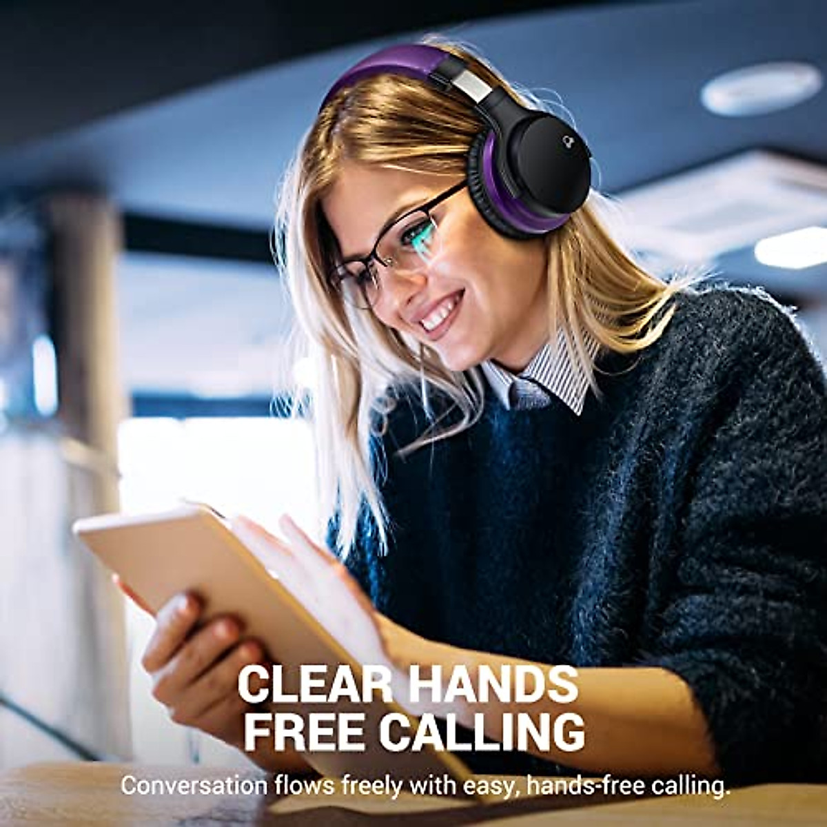 MOVSSOU E7 Active Noise Cancelling Headphones Bluetooth Headphones Wireless Headphones Over Ear with Microphone Deep Bass, Comfortable Protein Earpads, 30 Hours Playtime for Travel/Work, Medium Purple