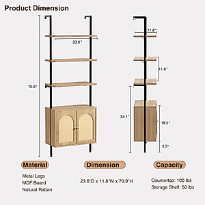 Ladder Bookshelf with Cabinet, 6 Tier Wall Mount Ladder Bookcase with Rattan Cabinet, Tall Open Ladder Shelf with Metal Frame for Living Room, Bathroom, Home Office, Natural