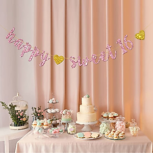 Happy Sweet 16 Banner – Pink Glitter Sweet Sixteen Sign -16th Birthday Banner Decorations - Milestone Happy Birthday Decorations