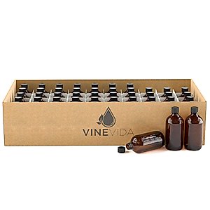 VINEVIDA 8 oz Amber Glass Bottles - 50 Pack Amber Boston Glass Bottles With Poly Cap - Bulk Glass Bottles - Empty Tincture Bottles for Essential Oils, Lab Chemicals, and Perfumes - Refillable Bottles