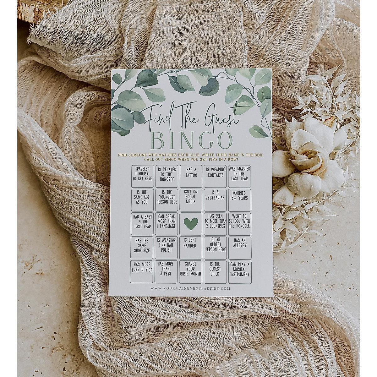 Your Main Event Prints Eucalyptus Floral Find The Guest Bingo Game for Bridal Shower, Baby Shower and Bachelorette Parties, 50 Game Cards Included