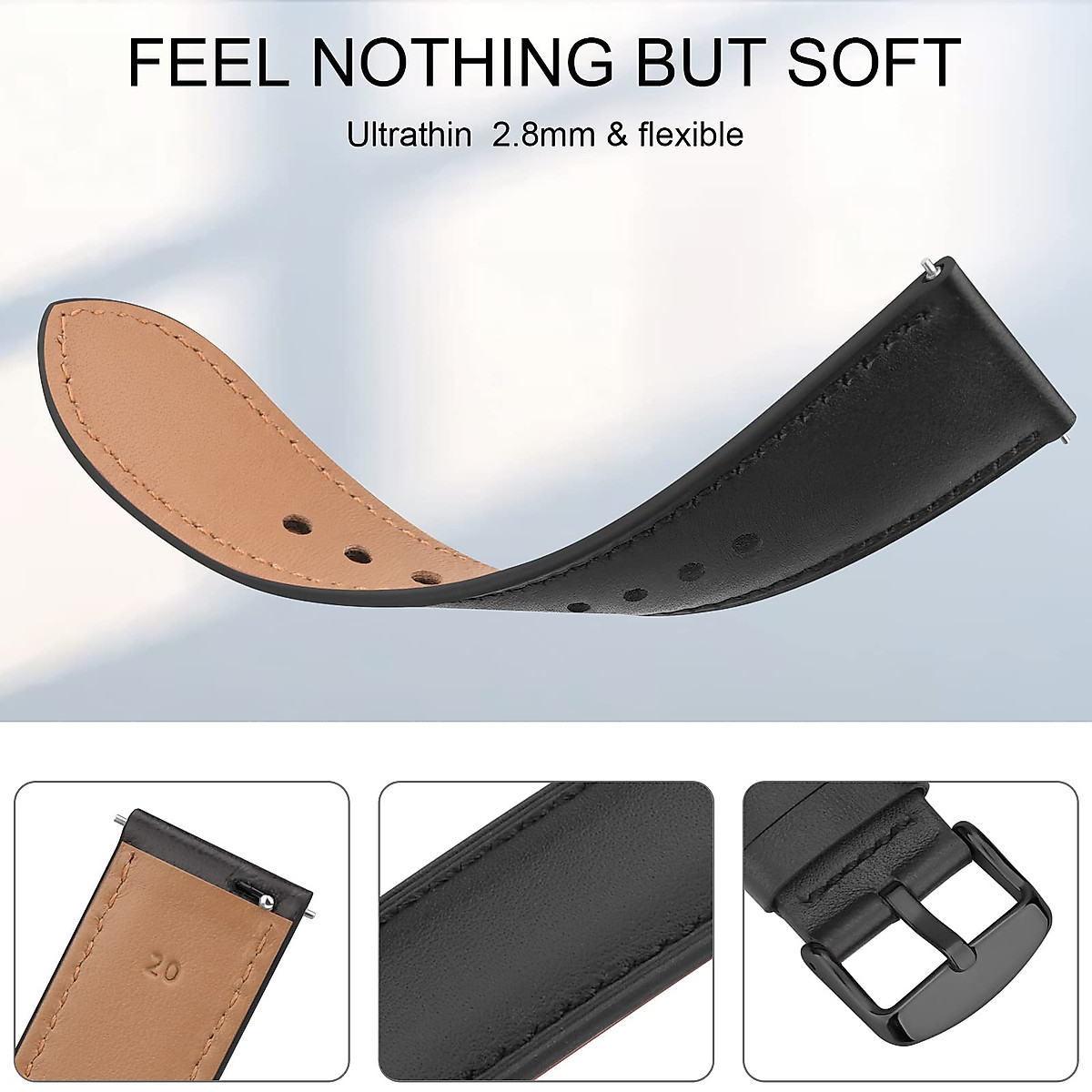 Vancle Quick Release Genuine Leather Watch Band 20mm 22mm Leather Watch Strap, 22mm Black