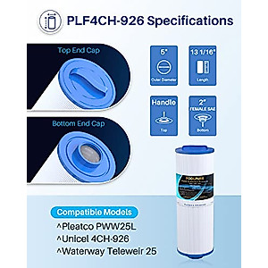 POOLPURE 4CH-926 Spa Filter Replaces PWW25L, Unicel 4CH-926, Waterway Teleweir 25, 25 sqft Hot Tub Filter Cartridge 1PACK