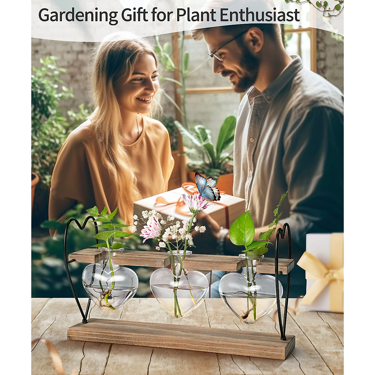 Sapowerntus Heart Propagation Stations, Cute Plant Terrarium Wooden Stand Love Glass Vase, Hydroponic Air Plants Desk Office Garden Mother Gift Decor for Women Plant Lover, 3 Heart Vase