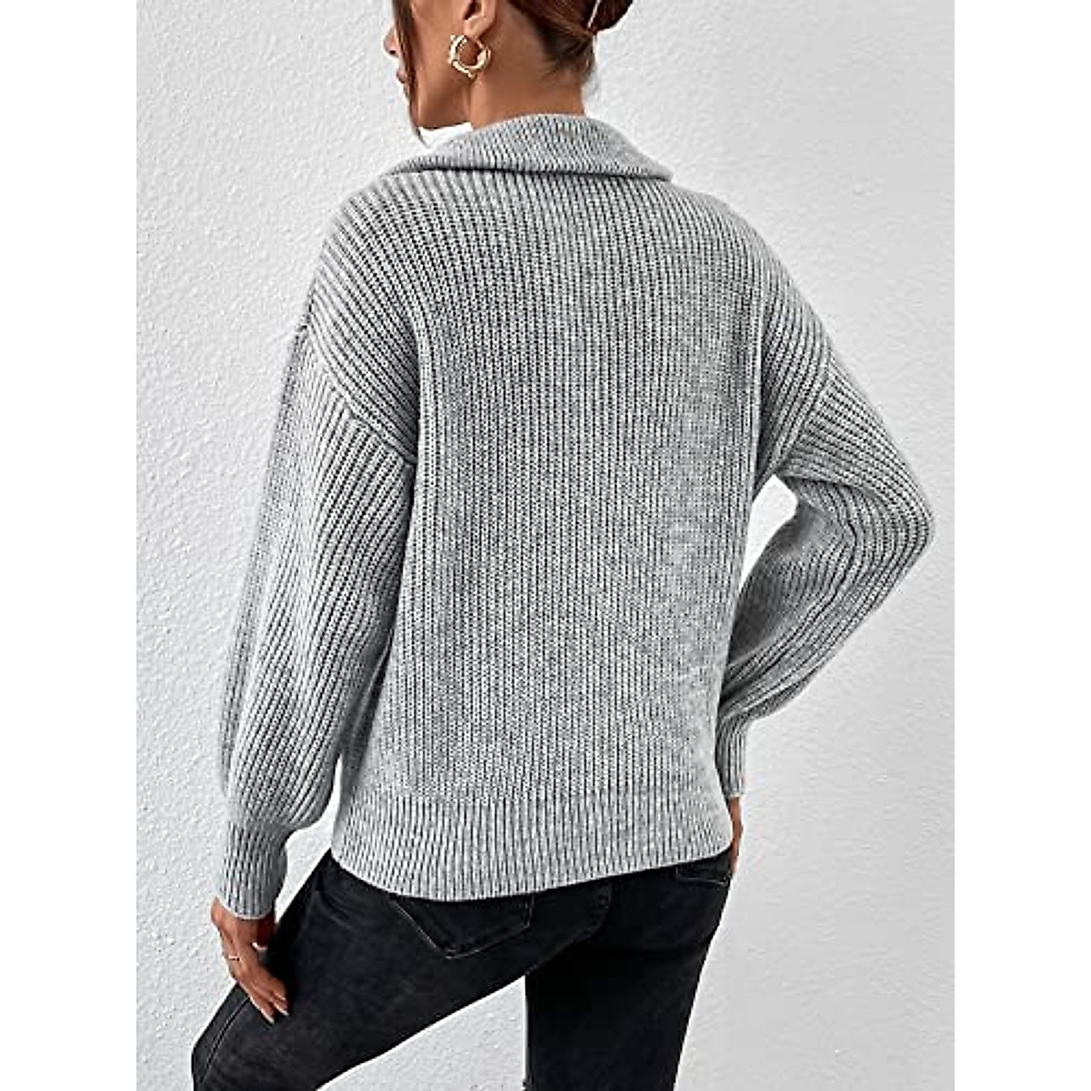 Verdusa Women's Casual Zip Up Long Sleeve Pullover Sweater V Neck Collar Knitted Top Light Grey S