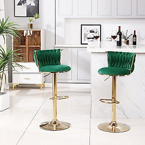 HANLIVES Velvet Bar Stools Set of 2,360° Woven Modern Gold Bar Stools,Swivel Adjustable Height Barstools with Backs Gold Metal Tall Kitchen Counter Chairs for Bar Pub Cafe(Green*2)