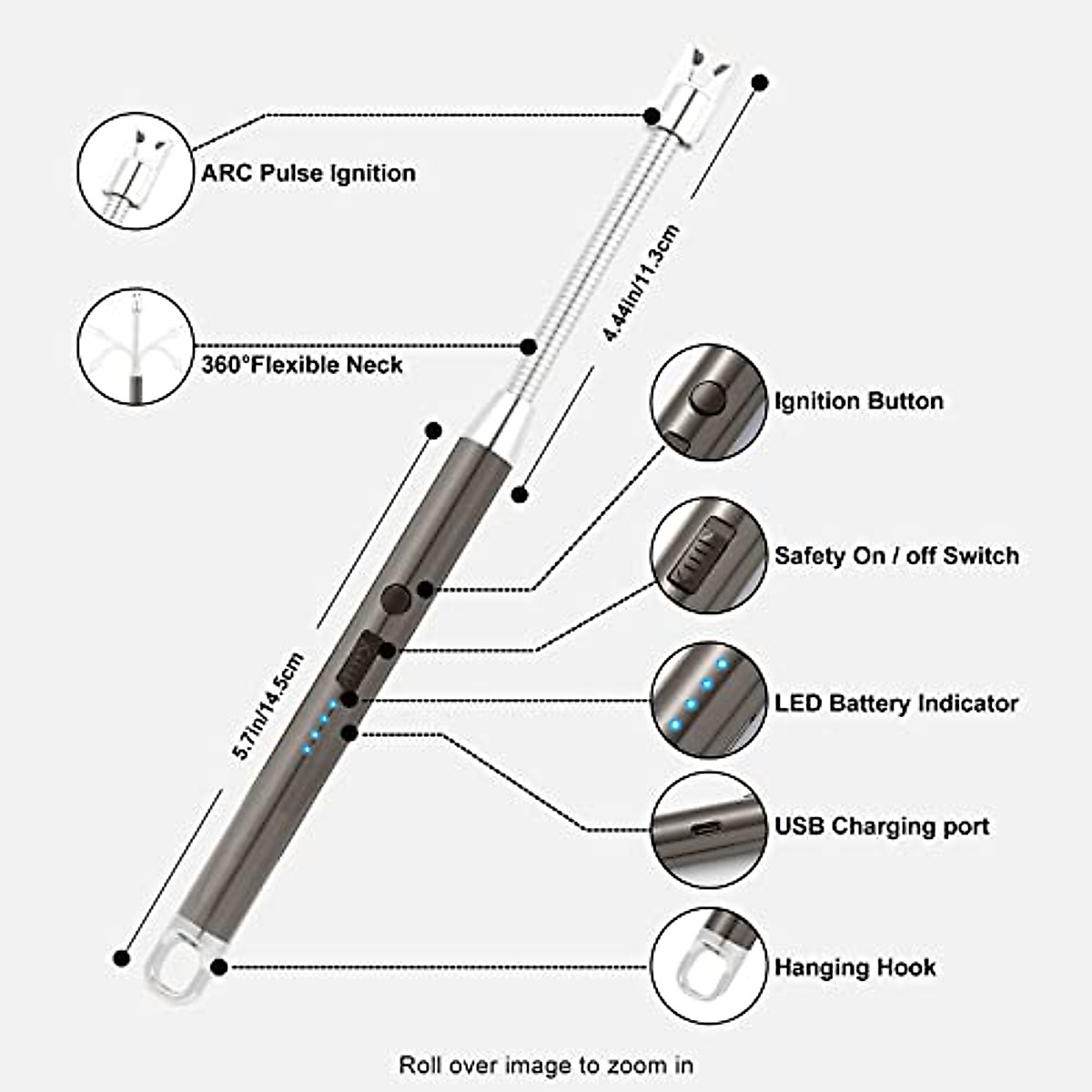 Candle Lighter，Electric Lighter USB Rechargeable arc Plasma Lighter with LED Battery Display Safety Switch Power Indicator,Longer Flexible Neck for Camping Candle Cooking BBQs Fireworks
