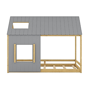 Full House Bed, Montessori Bed Full Size Floor Bed with Rails and Roof, Window, Solid Wood Platform Bed Frame with Slats, for Kids Teens Girls Boys (Full Size, Gray+Natural)