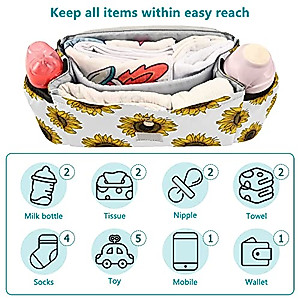Sunflowers White Stroller Organizer with Cup Holder Universal Stroller Organizer Bag Detachable Shoulder Strap Stroller Accessories for Diaper Phone Keys Toys Fit All Baby Stroller