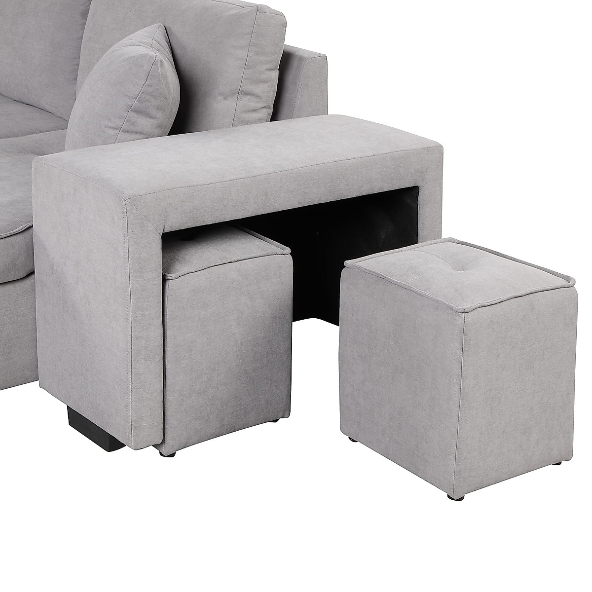 FANYE 2024 Linen Upholstery Pull Out Sleeper Sectional Sofa & Couch W/Stools and Shelves, L-Shaped Corner Upholstered Sofa Couch with 2 Pillows and Reversible Storage Chaise for Living Room