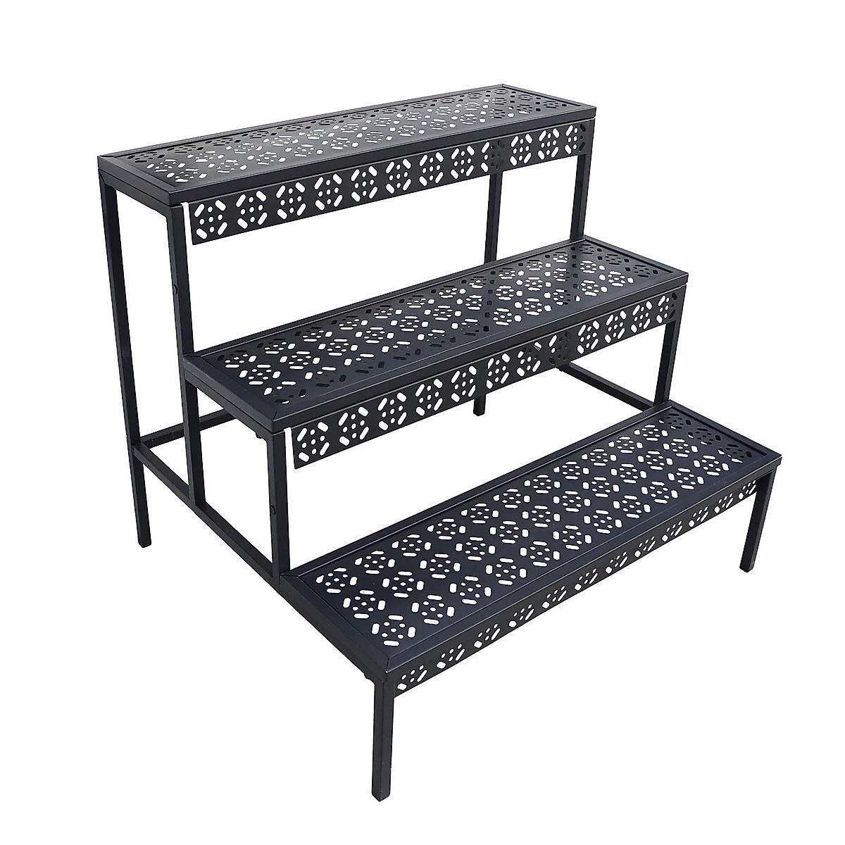 aboxoo 3 Tier Stair Style Large Metal Plant Stand, Garden Display Shelf Flower Pot Holder Storage Organizer Rack for Indoor Home Outdoor Patio Balcony Yard( Black, Rectangle)