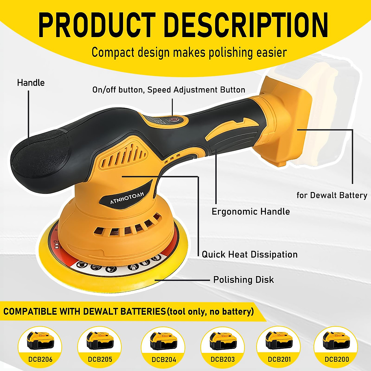 Cordless Car Buffer Polisher for Dewalt 20V Battery, 6 Inch Portable Orbital Polisher Brushless Power Polisher for Car Detailing Polishing Waxing (Battery Not Included)