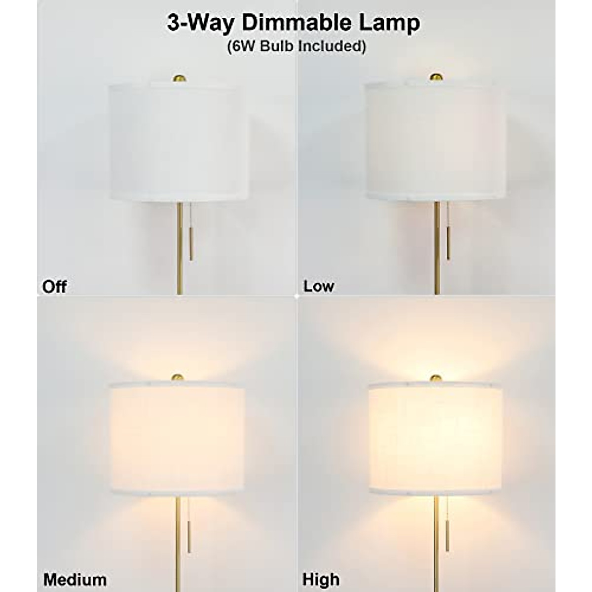 Floor Lamp for Living Room Adjustable Tall Standing Lamp, 3-Way Dimmable Floor Lamp for Bedroom Office, Black Gold Lamp with Marble Base and White Linen Shade, 6W 3000K LED Blub Included