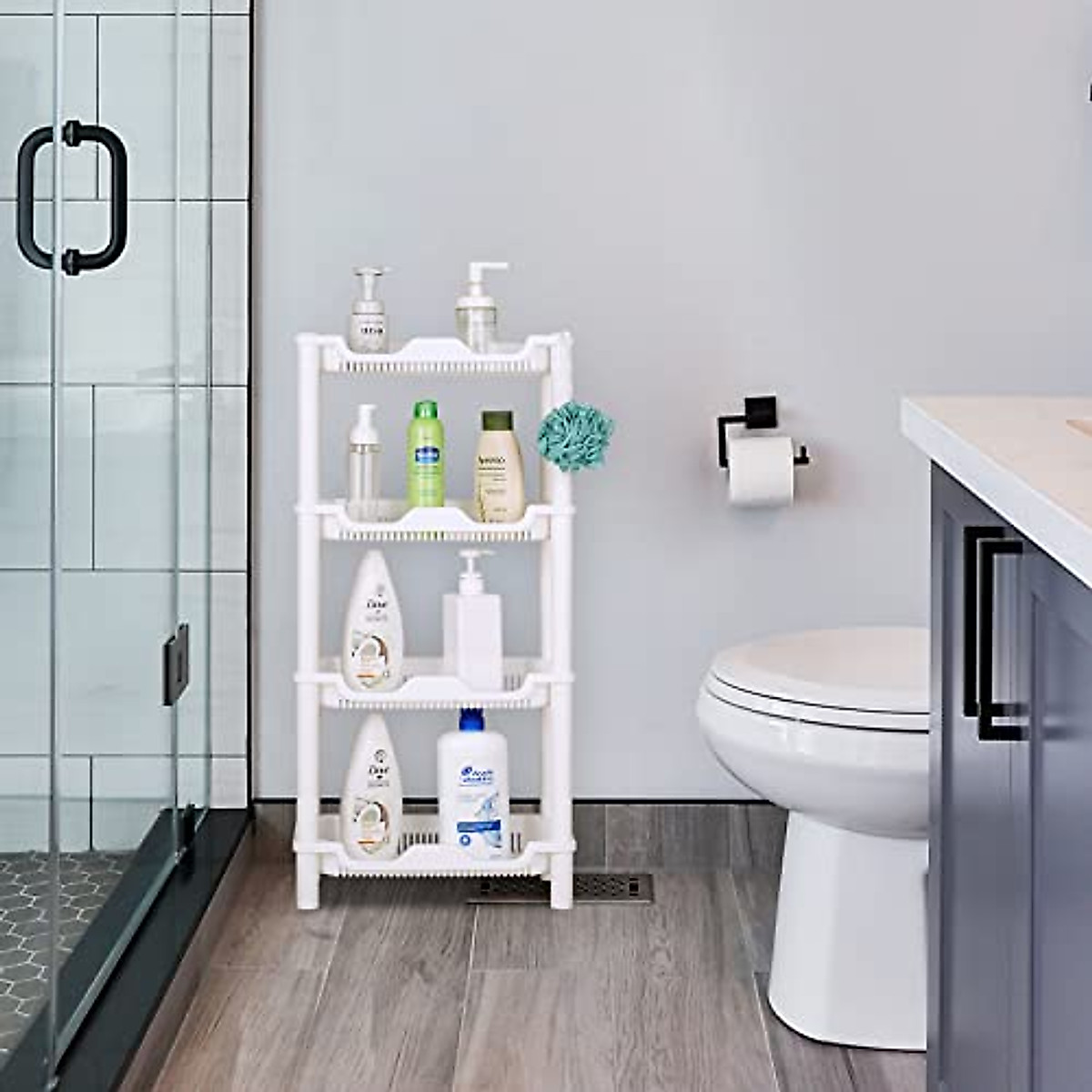 ELYKEN 4 Tier Shower Caddy Organizer Shelf Standing, 15.8 x 8.1 x 31.5 Inches, Rustproof, Plastic Floor Storage Rack for Bathroom, Countertop, Shower pan, Narrow Place, White