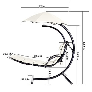 Fundouns Outdoor Hanging Lounge Chair with Stand, Patio Curved Steel Chaise Swing with Removable Olefin Canopy and Cushion,Off-White