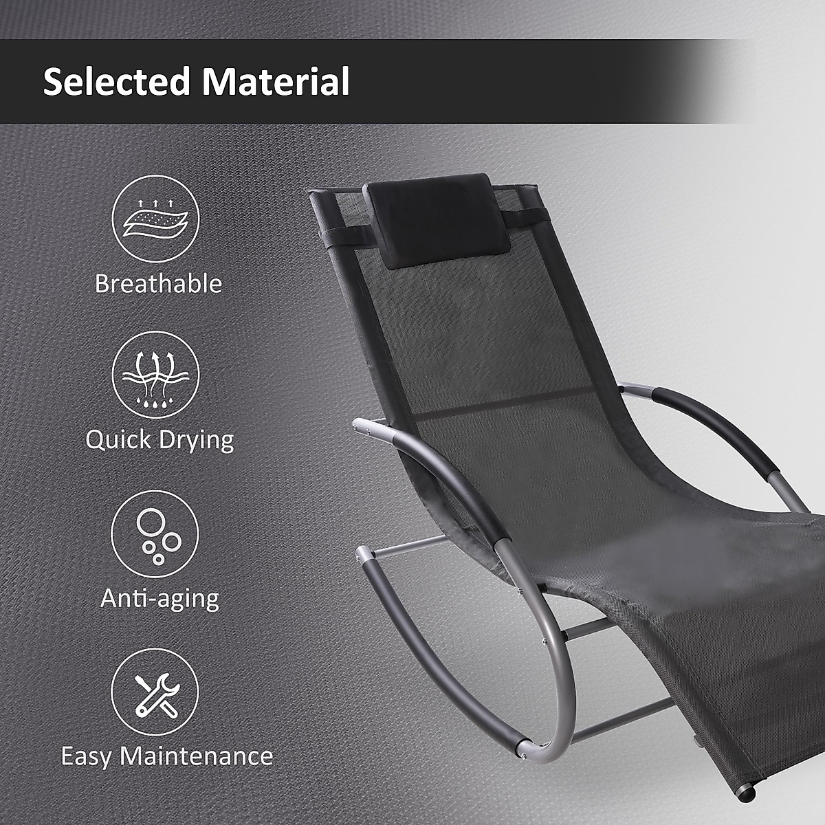 Patio Rocking Lounge Chair Outdoor Chaise,Outdoor Furniture, Weather-Resistant,for Lawn,Backyard,Garden,Park,Poolside,Deck,with Removable Pillow and Textilene Fabric, Dark Grey (Easy to Assemble)