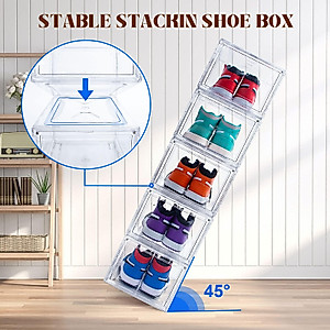 AOHMPT Upgraded 12 Pack Shoe Box,Acrylic Clear Shoe Boxes,Drop Front Shoe Storage Box,Clear Plastic Stackable Sneaker Box,Shoe Containers,Shoe Display Case,Sneaker Storage,Fits Up to Size 15