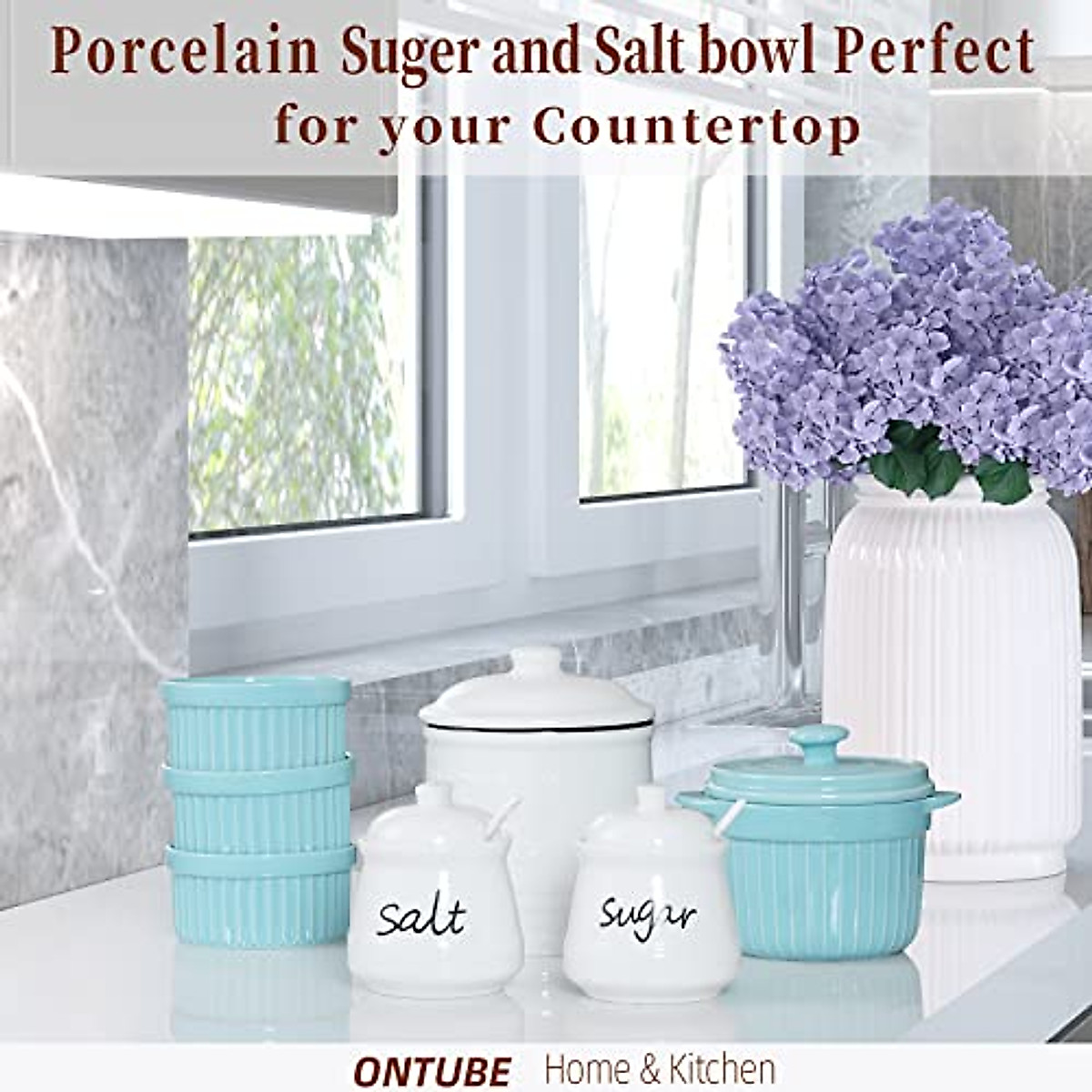 ONTUBE 12oz Sugar and Salt Bowls with Lid and Spoon, Ceramics Condiment Pots,Seasoning Jar Spice Container for Kitchen,Dishwasher Safe (White)