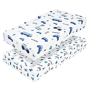 PHF Soft Car Crib Sheet Fitted, 2 Pack Silky Comfy Breathable Baby Sheets for Boys Girls，28x52x9in Fits Standard Crib and Toddler Mattresses, Cars