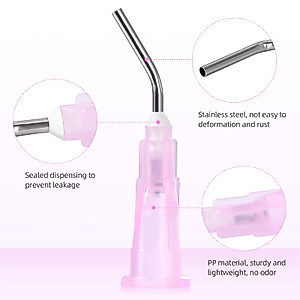 JMU 100Pcs Bent Dispensing Tips 18g, Blunt Tip Dispensing Needle, Dental Pre Bent Flow Dispensing Etch Tips, Disposable Oral Irrigation Needle Tips, Pink