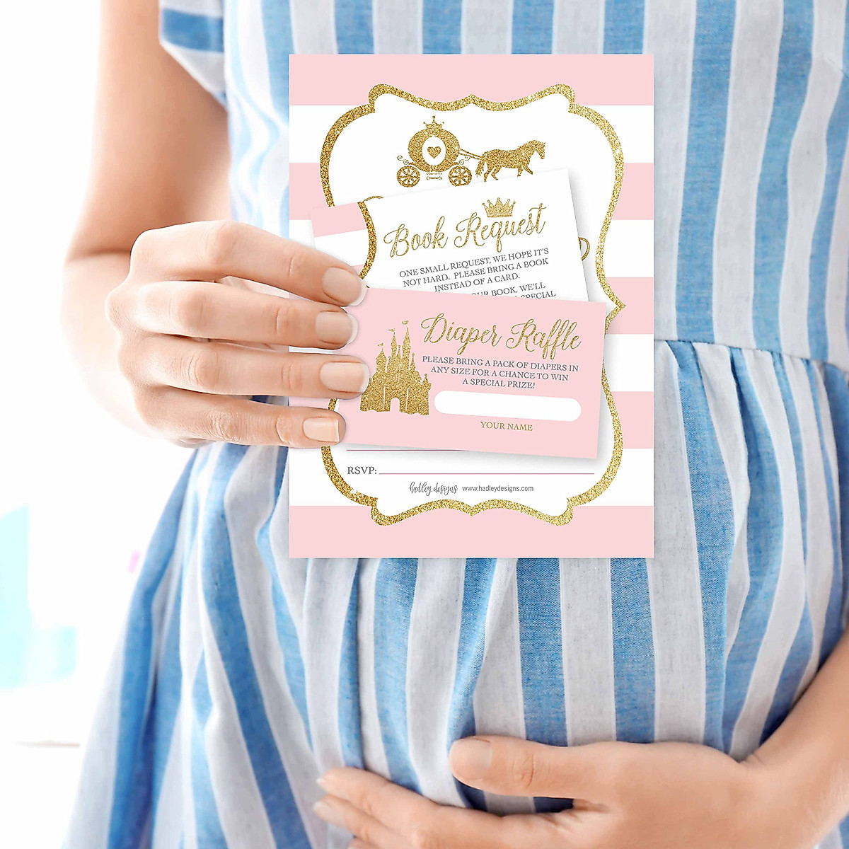 25 Little Princess Baby Shower Invitations, 25 Books For Baby Shower Request Cards, 25 Baby Shower Diaper Raffle Tickets For Baby Shower Girl, Cute Pink & Gold Write in Diaper Raffle Cards
