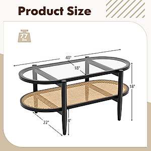 Moccha Boho Coffee Table, 2-Tier Center Table with Tempered Glass Tabletop & PE Rattan Storage Shelf, Mid Century Modern Tea Table, 40" L Oval Accent Table for Living Room, Office (Black)