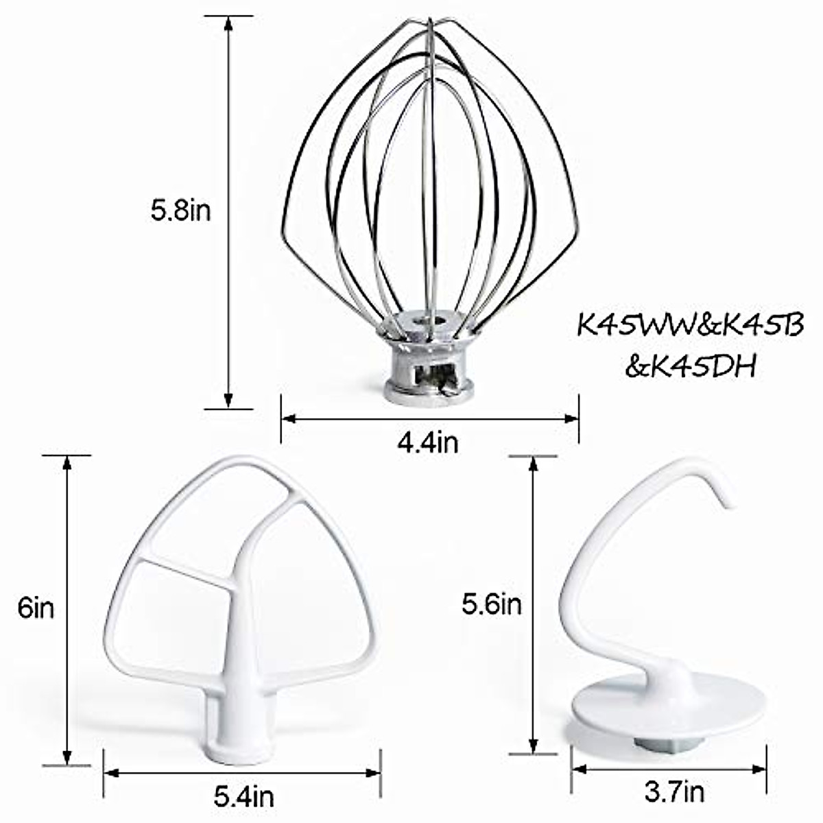 Funmit Mixers Accessories K45WW Wire Whip K45DH Dough Hook K45B Coated Flat Blade Paddle with Scraper Replacement for Kitchen Tilt-Head Stand Mixer Attachments- Stainless Steel